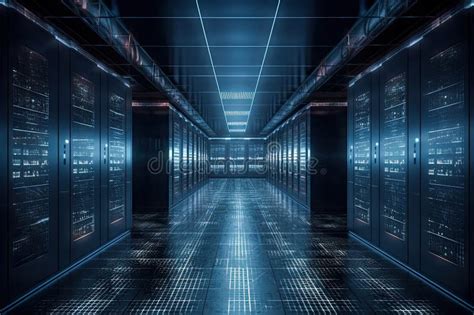 A Long Hallway With Rows Of Servers Generative Ai Stock Illustration Illustration Of Internet