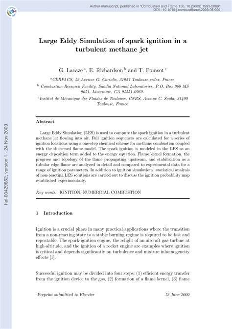 Pdf Large Eddy Simulation Of Spark Ignition In A Turbulent Methane Jet