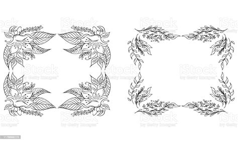 열대 손으로 그린 꽃 직사각형 프레임 윤곽선 집합입니다 정글 일러스트 꽃 무늬 세트입니다 벡터 격리 컬렉션입니다 내츄럴 스프링 웨딩 카드 여름 열대 잎입니다 식물 프레임