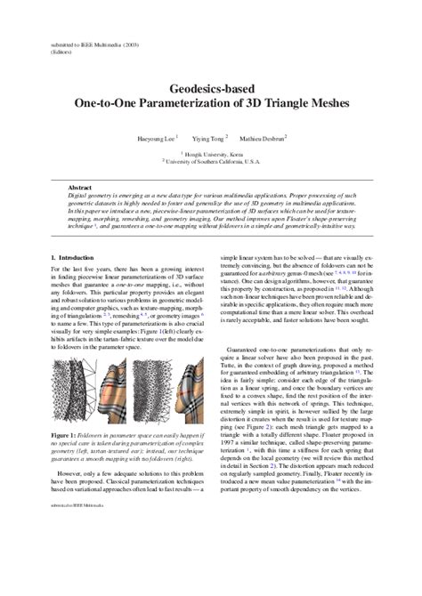 Pdf Geodesics Based One To One Parameterization Of 3d Triangle Meshes