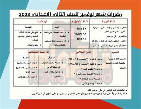 ننشر مقرارات شهر نوفمبر للصفين الاول والثانى الاعدادى