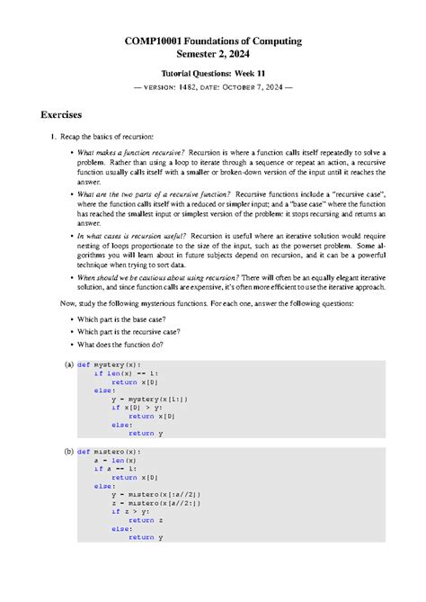 Tutesheet Week11 For Recursion Functions Comp10001 Foundations Of Computing Semester 2 2024