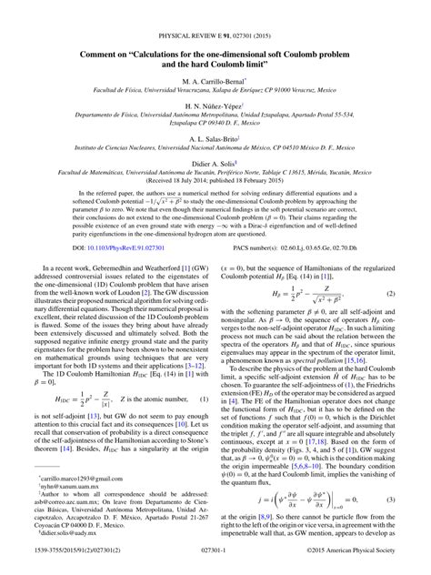 Pdf Comment On Calculations For The One Dimensional Soft Coulomb Problem And The Hard