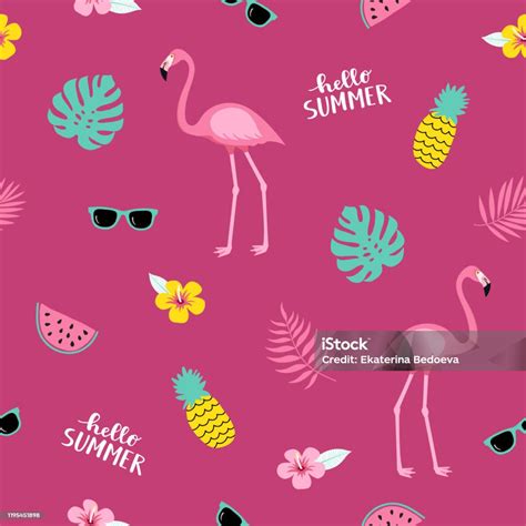 플라밍고 파인애플 열대 잎 수박 꽃 보라색 배경에 선글라스와 여름 원활한 귀여운 다채로운 패턴 파인애플에 대한 스톡 벡터 아트
