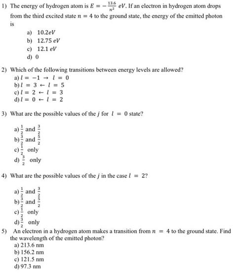 Solved 1 The Energy Of Hydrogen Atom Is E 13 6 Ev If An
