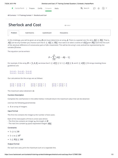 Sherlock And Cost It Training Contest Question Contests Hackerrank Pdf Matrix