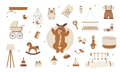 Boho 베이비 케어 개체 귀여운 잠자는 신생아 어린이를위한 빈티지 나무 장난감 손으로 그린 보육 장식 요소 플랫 만화 스타일의 벡터 일러스트 레이 션 프리미엄 벡터
