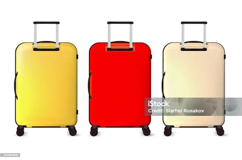 수하물 여행 가방의 3d 벡터 일러스트 레이 션 세트 핸들이있는 바퀴에 여행 수하물 케이스 현실적인 휴가 관광 가방 공항은 서류