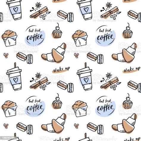 벡터 핸드 그린 스케치 스타일의 커피 패턴과 레터링 기호 커피 컵 향신료와 커피 콩 마카롱 케이크 크루아상 문구하지만 첫 번째