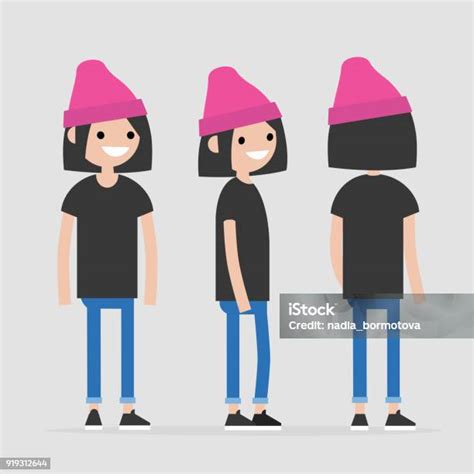 젊은 여성 천년 캐릭터 디자인 미소의 집합입니다 전면 측면 및 후면 볼 수 있습니다 평면 편집 가능한 벡터 일러스트 레이 션