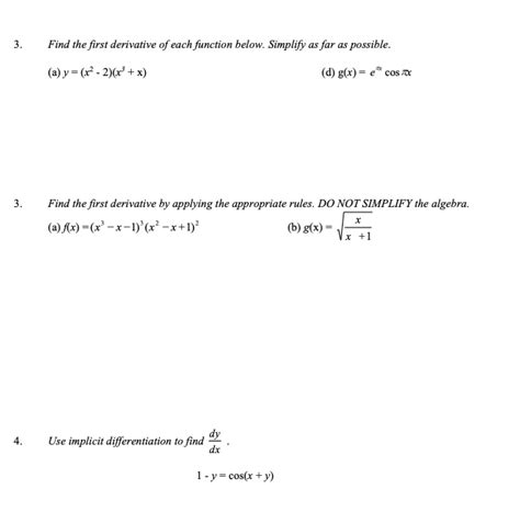 solved 3 find the first derivative of each function below