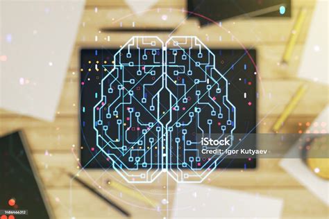 인간의 두뇌 스케치와 현대적인 디지털 태블릿을 배경으로 한 창의적인 인공 지능 개념 이중 노출 0명에 대한 스톡 사진 및 기타