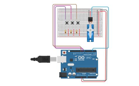 circuit design controlling servo motor using push buttons tinkercad
