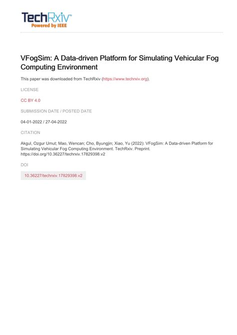 Pdf Vfogsim A Data Driven Platform For Simulating Vehicular Fog