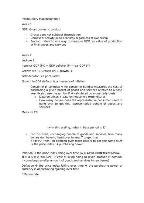 Macro Tut 1 Notes For Lecture 3 And 4 Introductory Macroeconomic Week 1 Gdp Gross Domestic