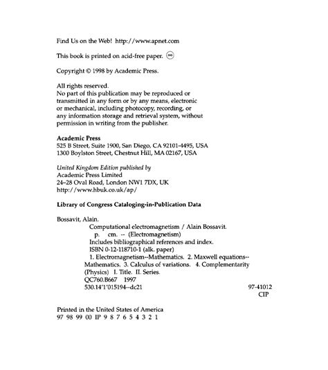 Copyright Page Computational Electromagnetism Book