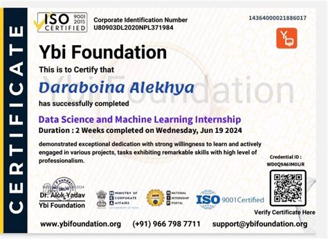 Daraboina Alekhya On Linkedin Datascience Machinelearning Internship Ybifoundation