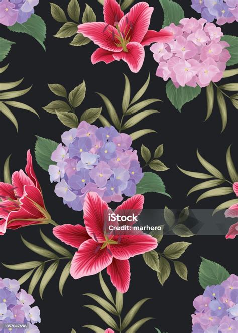 잎 배경 템플릿백릴리와 수국꽃의 매끄러운 패턴 트로피컬 프린트 웨딩 초대장 인사말 카드 브로셔 배너 및 패션 디자인을 위한 플로럴 요소 세트 0명에 대한 스톡 벡터 아트 및