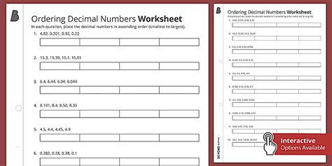 Ordering Decimals Worksheet