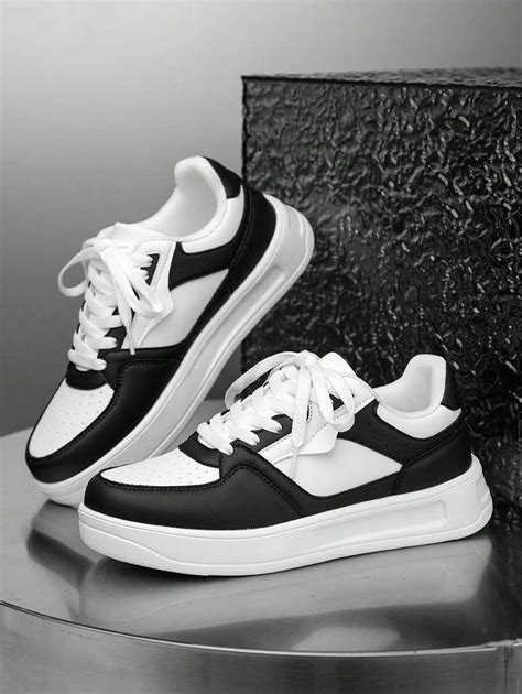 1 Par De Sapatos Casuais E Versáteis Com Plataforma Baixa Para Homens Bicolor Preto E Branco