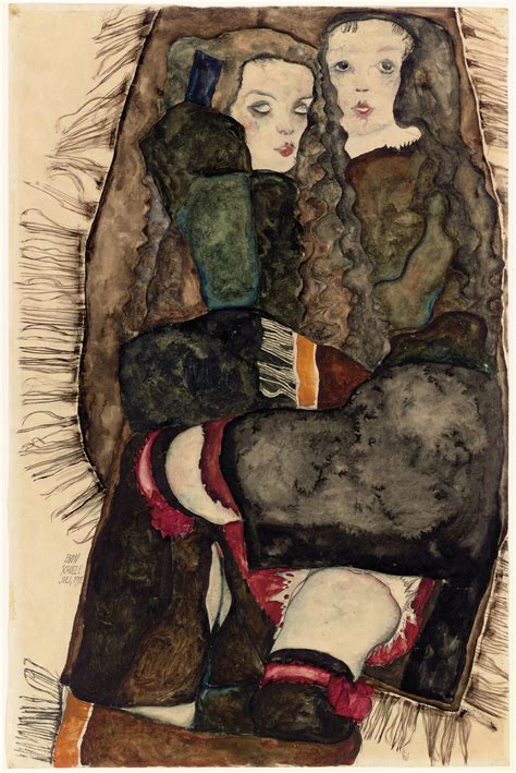 Two Girls On A Fringed Blanket By Egon Schiele