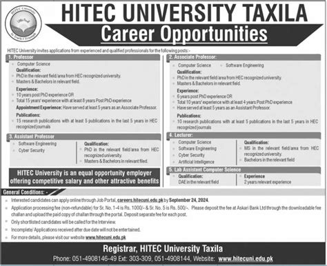 Career Opportunities At Hitec University Taxila 2025 Job Advertisement
