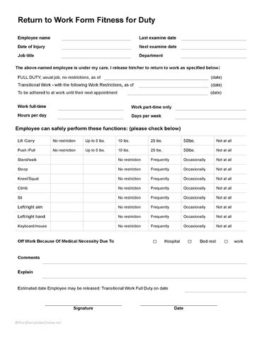 Free Return To Work Release Forms Word Google Docs