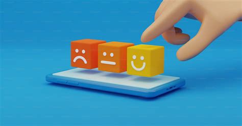 행복한 얼굴 이모티콘을 사용한 고객 만족도 조사 고객 제품 및 서비스에 대한 우수한 피드백 스마트폰 파란색 배경에 있는 얼굴