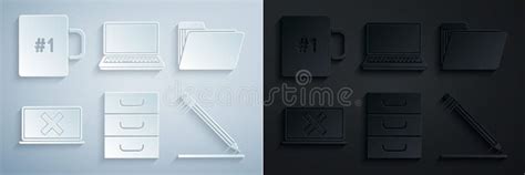 Set Drawer With Documents Document Folder Laptop And Cross Mark On