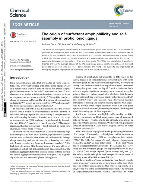 Pdf The Origin Of Surfactant Amphiphilicity And Self Assembly In Protic Ionic Liquids