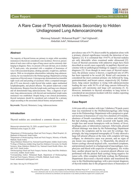 Pdf A Rare Case Of Thyroid Metastasis Secondary To Hidden Undiagnosed Lung Adenocarcinoma