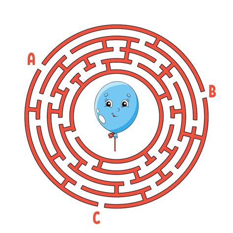 아이들을 위한 원형 미로 게임 아이들을 위한 퍼즐 원형 미로 수수께끼 올바른 경로 찾기 생일 테마 벡터 그림 프리미엄 벡터