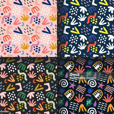 현대 추상 원활한 배경 다채로운 낙서 모양과 낙서로 만든 벡터 반복 패턴의 컬렉션입니다 현대 꽃 민족 배경 패션 프린트로 좋은