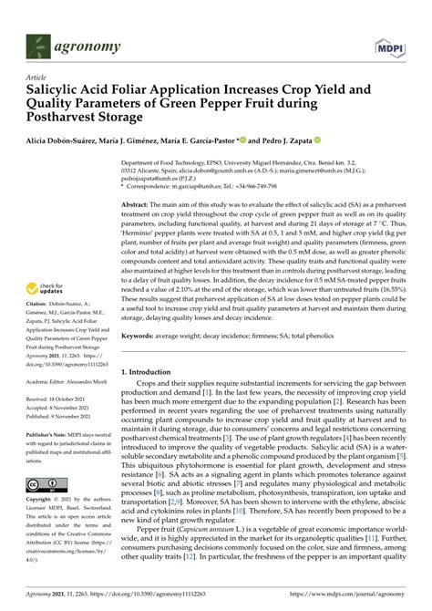 Pdf Salicylic Acid Foliar Application Increases Crop Yield And Quality Parameters Of Green