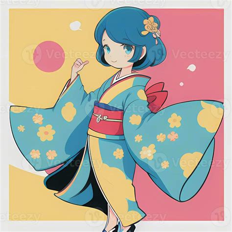 Cute Kawaii Chibi Anime Girl Sticker Cute Japanese Yukata Kimono Simple Colorful Background