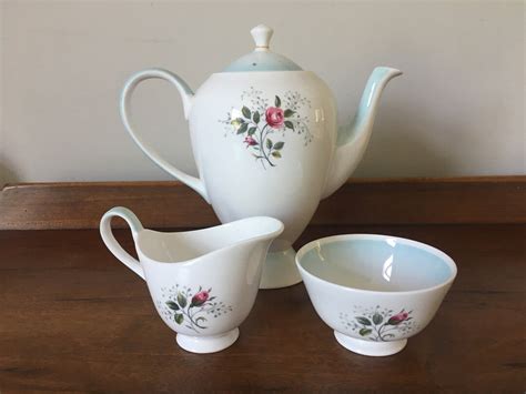 1950s Tuscan China Coffee Set Rosetta Rose Pattern Pale Blue Edging