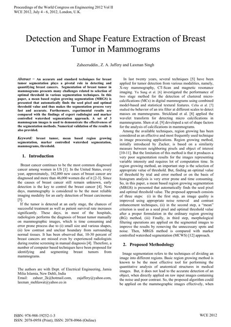 Pdf Detection And Shape Feature Extraction Of Breast Tumor In Mammograms