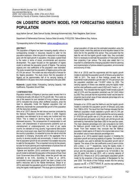 on logistic growth model for forecasting nigeria s population pdf