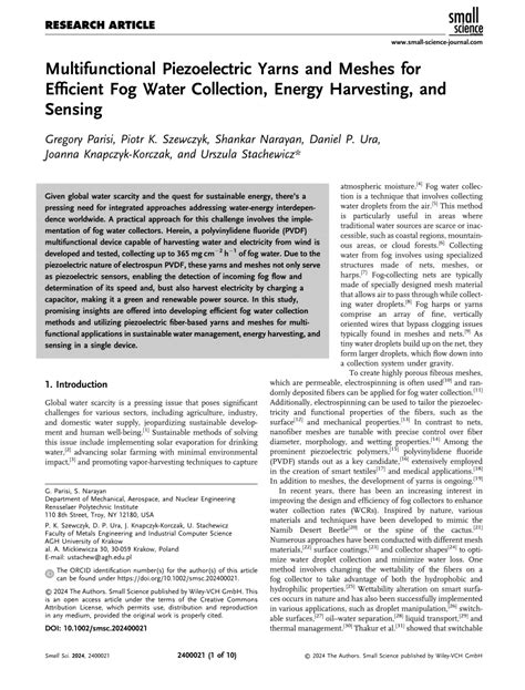 Pdf Multifunctional Piezoelectric Yarns And Meshes For Efficient Fog Water Collection Energy