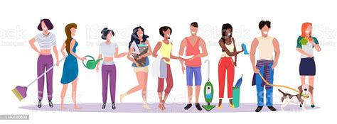 혼합 레이스 사람들 청소 팀을 하 고 집안일 남자 여자 서 함께 가사 개념 남성 여성 만화 캐릭터 전체 길이 수평 배너 가사 집안일에 대한 스톡 벡터 아트 및 기타 이미지
