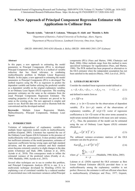 pdf a new approach of principal component regression estimator with