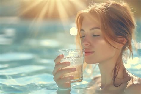 Premium Photo Beautiful Having Juice While Bath In The Pool