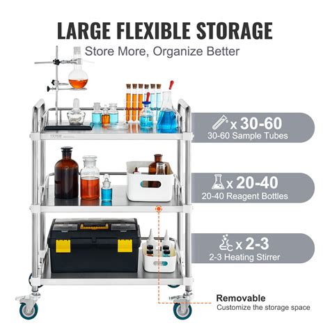 Vevor Lab Rolling Cart 3 Shelf Stainless Steel Rolling Cart Lab