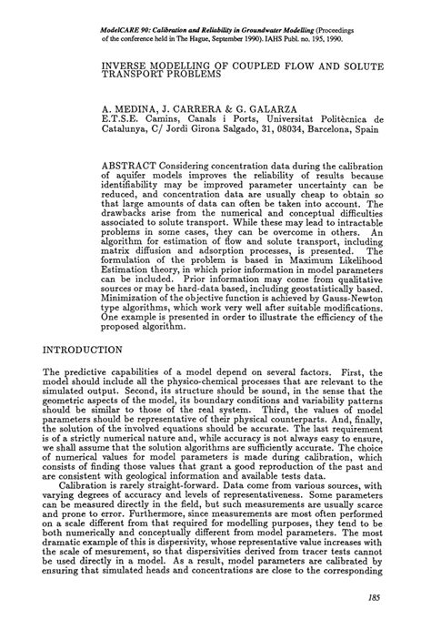 Pdf Inverse Modelling Of Coupled Flow And Solute Transport Problems