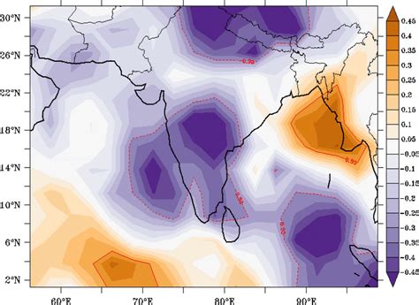 Spatial Correlation Coefficient Pattern For Jjas Rainfall And Sst