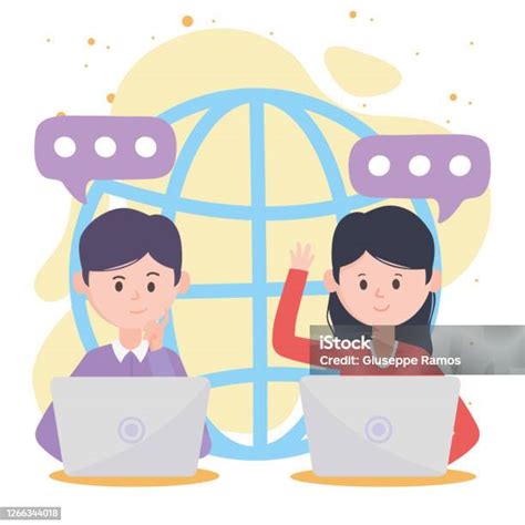 세계 소셜 네트워크 통신 및 기술에서 노트북 문자 메시지를 사용하는 젊은 남성과 여성 남자에 대한 스톡 벡터 아트 및 기타 이미지 남자 노트북 노트북 사용하기