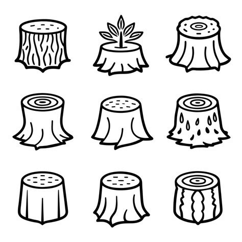 Set Of Black Outline Stump Icon Tree Stub Illustration Collection Wood Symbol On White