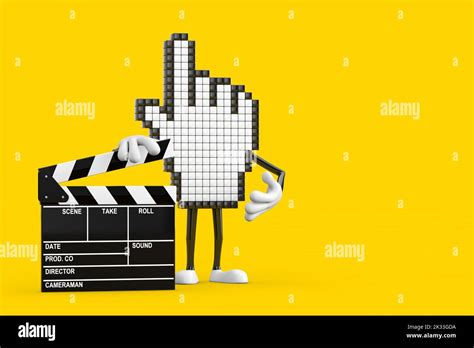 Pixel Hand Cursor Mascot Person Character With Movie Clapper Board On A Yellow Background 3d