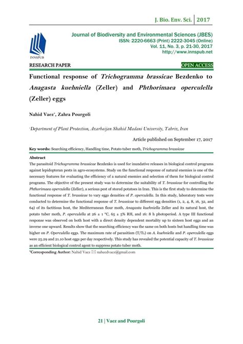 Functional Response Of Trichogramma Brassicae Bezdenko To Anagasta Kuehniella Zeller And