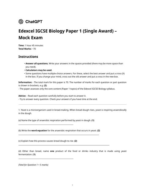 Edexcel Igcse Biology Paper 1 Single Award Mock Exam Pdf Biology Organisms